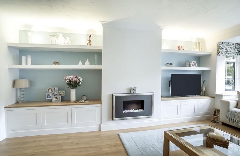 Modern alcove units with floating shelves and lighting – Built in Solutions